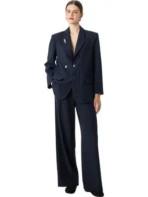 Koton Long Sleeve Double-breasted Pinstripe Blazer - Navy Stripe