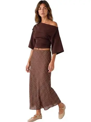 Koton Polka Dot Flared Midi Satin Skirt - Brown Design