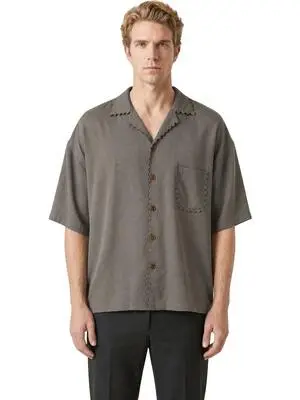 MODENAIRE Relaxed Fit Short Sleeve Camp Collar Button Down Shirt - Coffee