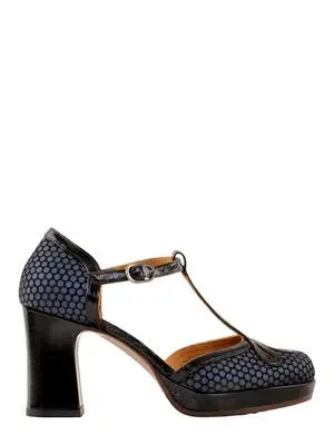 Chie Mihara Damelia49 Suede And Patent Print Buckle Platform Pump - Navy