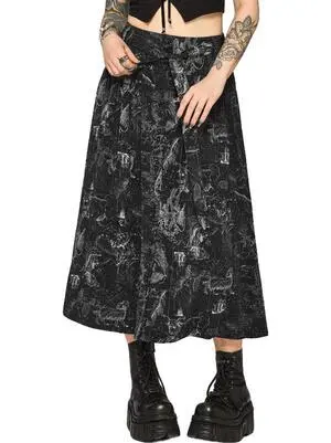 DISTURBIA Kosmara Map Print Midi Skirt - Black