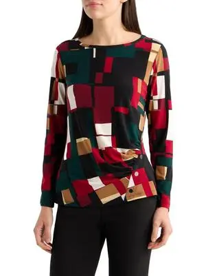 Anne Klein Geometric Print Ruched Long Sleeve Top - Black Multi