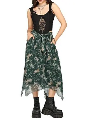 DISTURBIA Renard Print Chiffon Hanky Midi Skirt - Green