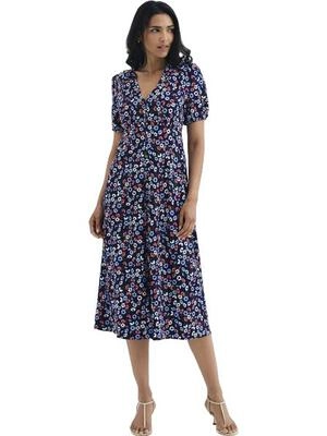 FINERY LONDON Petite Robyn Button Through Midi Dress - Navy Daisy
