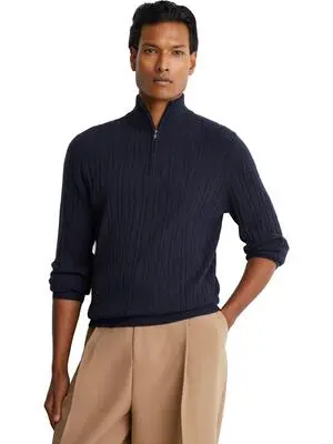REISS Howard Cashmere Cable-knit Half-zip Jumper - Navy