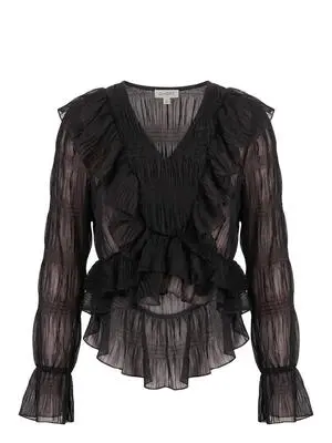 TANTRA SPAIN SL Pleated Ruffled Top With V-neck Black