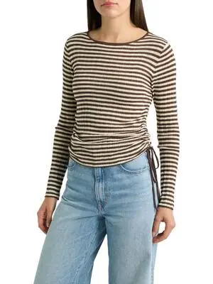 24COLOURS Stripe Drawstring Ruched Rib Top Brown