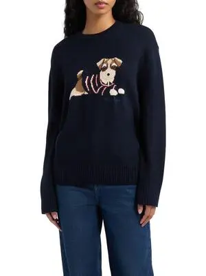 ROWING BLAZERS Terrier Dog Cotton Crewneck Sweater - Navy