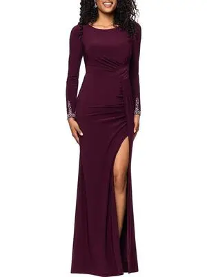 Betsy & Adam Embellished Cuff Ruched Long Sleeve Sheath Gown - Wine