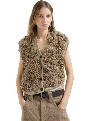 Brunello Cucinelli Handmade Dazzling Blossom Opera Knit Vest In Soft Virgin Wool And Cashmere - Light Brown