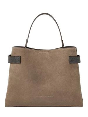Brunello Cucinelli Essence Top-handle Bag In Suede With Precious Bands - Bark