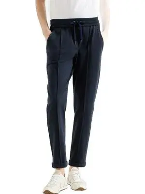 Brunello Cucinelli Stretch Cotton Lightweight French Terry Track Trousers With Monili - Blue