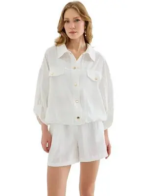 MONLICIA Aurelia Gold Button Relaxed Bomber Jacket - White