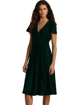 Ralph Lauren Belted Velvet Surplice Dress - Dark Green Velvet