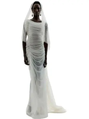 DE LA VALI Zarela Asymmetric Gathered Tulle Maxi Dress - Ivory