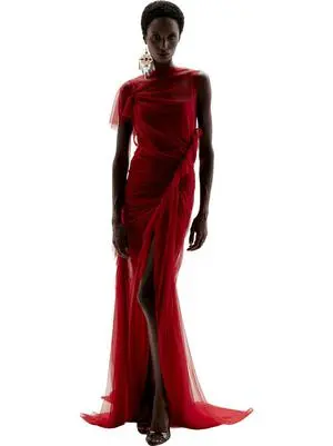 DE LA VALI Sapphire Tulle Maxi Dress - Red