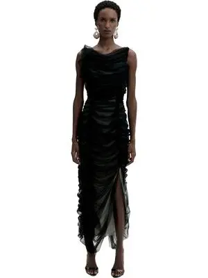 DE LA VALI Zarela Asymmetric Gathered Tulle Midi Dress
