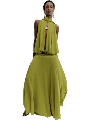 DE LA VALI Indigo Sheer Halter Maxi Dress - Olive