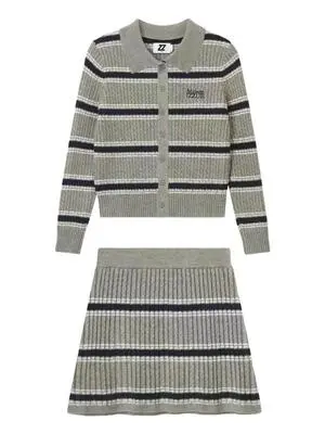 Izzue Cable-knit Striped Cardigan And Mini Skirt Set - Grey