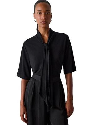 Whistles Short Sleeve Tie-neck Jersey Top - Black