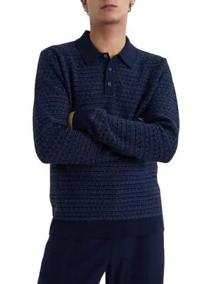 WAX LONDON Oban Geometric Cotton Long Sleeve Polo Navy