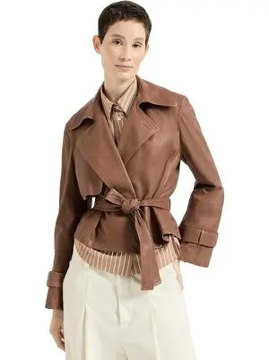 Brunello Cucinelli Vintage Nappa Leather Cropped Trench With Monili - Brown