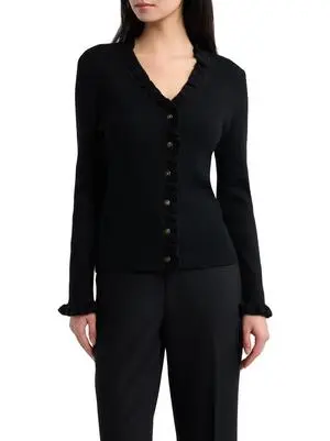 TAHARI ASL Ruffled Neck Cardigan - Black