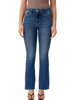 BAYEAS Rivet Studded High Waist Raw Hem Bootcut Jeans - Medium Blue