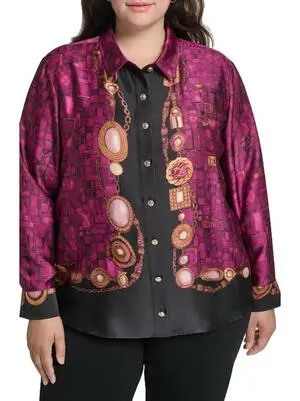 Karl Lagerfeld Paris Printed Long Sleeve Button Front Shirt - Cherry Lacquer Combo
