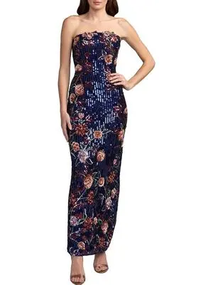 Mac Duggal Floral Sequin Mesh Strapless Column Ankle Dress Midnight Multi