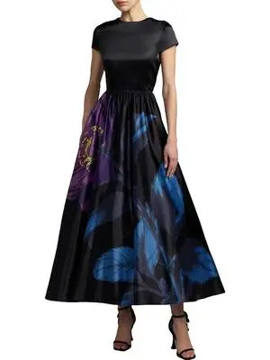 Mac Duggal Satin Cap Sleeve Floral Printed A-line Dress - Black Multi
