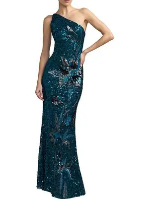 Mac Duggal One-shoulder Floral Sequin Evening Gown - Teal