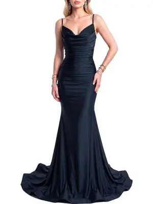 JESSICA ANGEL Ruched Cowl Neck Lace-up Mermaid Evening Gown - Black