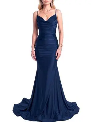 JESSICA ANGEL Ruched Cowl Neck Lace-up Mermaid Evening Gown - Navy