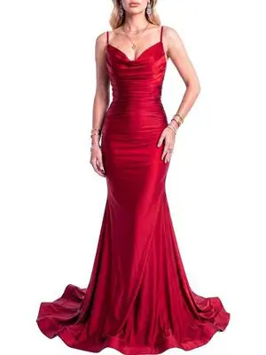 JESSICA ANGEL Ruched Cowl Neck Lace-up Mermaid Evening Gown - Red