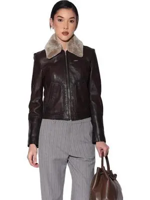 Walter Baker Liza Leather Fur Jacket - Brown