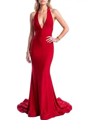 JESSICA ANGEL Rhinestone Open-back Halter Mermaid Evening Gown - Red