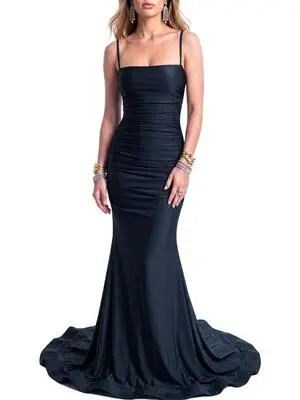 JESSICA ANGEL Ruched Lace-up Back Mermaid Evening Gown - Black