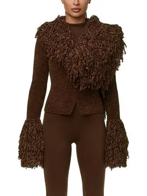 Naked Wardrobe Loop Fringe Ribbed Cardigan Dark Chocolate