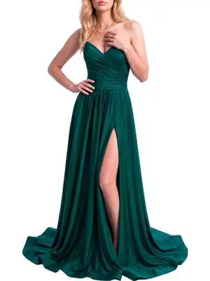 JESSICA ANGEL Strapless Ruched Sweetheart Side Slit Evening Gown - Forest Green
