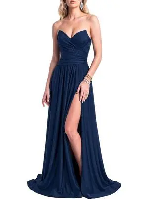 JESSICA ANGEL Strapless Ruched Sweetheart Side Slit Evening Gown - Navy
