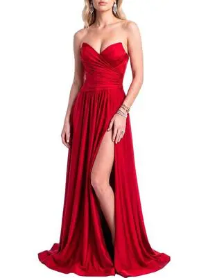 JESSICA ANGEL Strapless Ruched Sweetheart Side Slit Evening Gown - Red