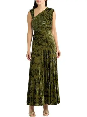 HUTCH Ester Ruched Velvet Gown - Olive
