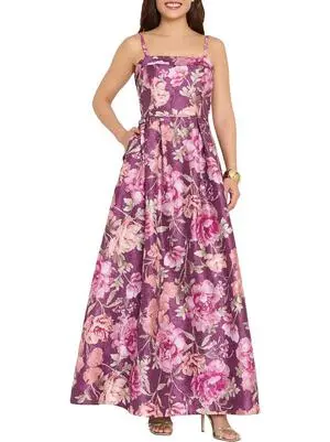 TAHARI ASL Floral Jacquard Sleeveless Satin Gown - Plum Multi