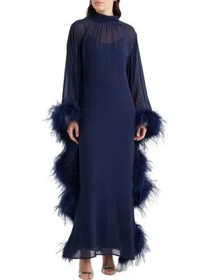HUTCH Sheer Feather Trim Dress - Midnight