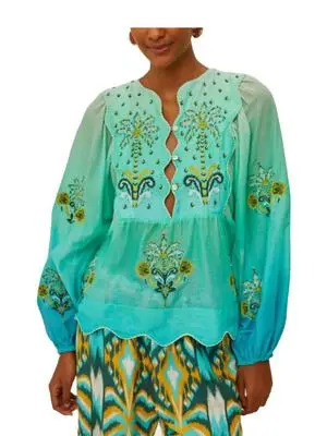 Farm Rio Palm Tree Embroidered Top - Green