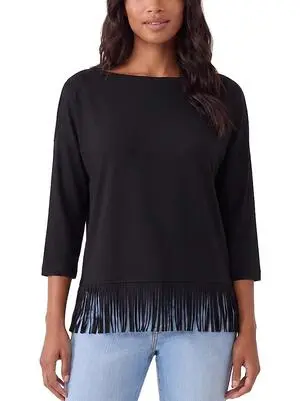 Karen Kane Boat Neck Fringe Trim Top - Black