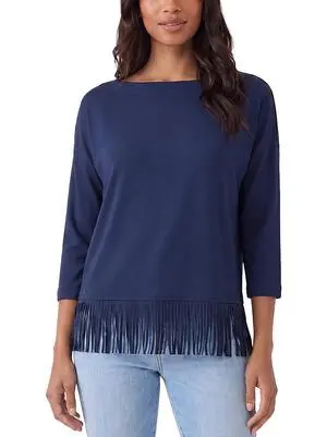 Karen Kane Boat Neck Fringe Trim Top - Navy