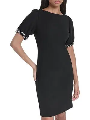 Karl Lagerfeld Paris Scuba Crepe Faux Pearl Trim Shift Dress - Black