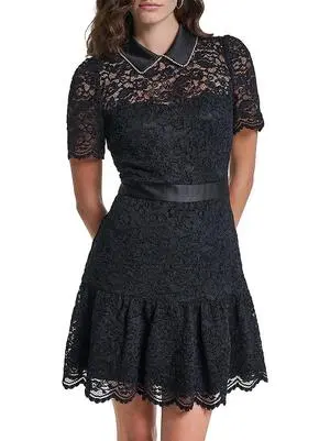 Karl Lagerfeld Paris Chenille Lace Scallop Hem Dress - Black